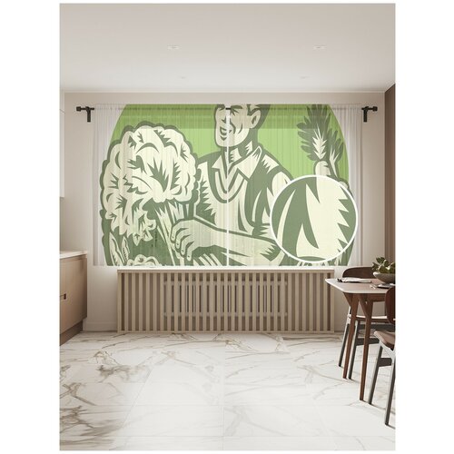 Тюль для кухни и спальни JoyArty "Агроном с урожаем", 2 полотна со шторной лентой шириной по 145 см, высота 180 см.