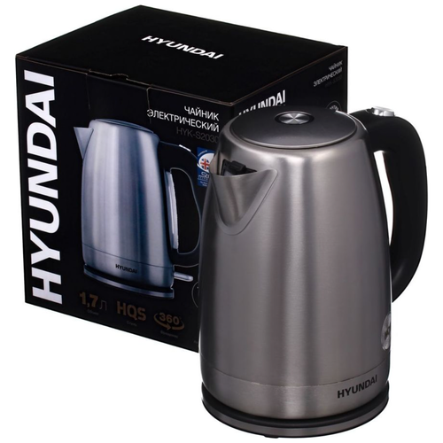 Чайник электрический Hyundai, чайник мощностью 2200Вт, чайник объемом 1,7л, чайник с поддержкой тепла, серебристого матового и черного цвета