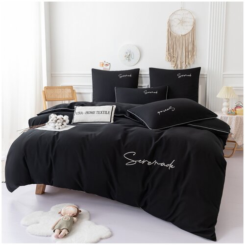 Комплект постельного белья Однотонный Сатин Вышивка CH020, 2 спальный, наволочки 4 шт