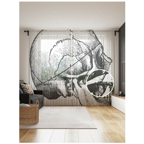 Тюль для кухни и спальни JoyArty "Треснувший череп", 2 полотна со шторной лентой шириной по 145 см, высота 265 см.