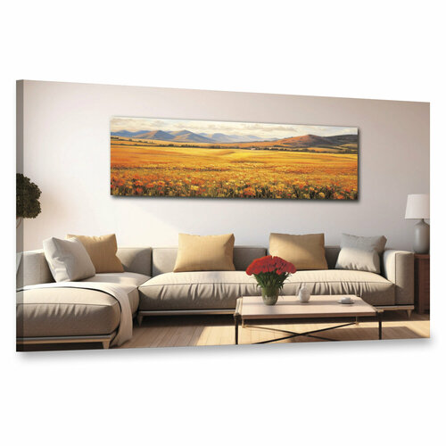 Интерьерная картина 100х60 "Пейзаж с полем и солнцем"