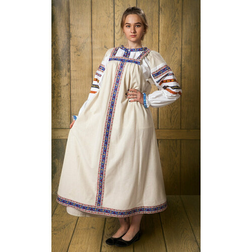Русский народный костюм женский карнавальный славянский сарафан взрослый лен бежевый больших размеров отделка в ассортименте, размер 52/54/56 (XXXL)