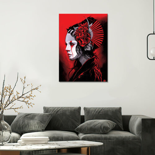 Интерьерная картина на холсте - Девушка-гейша веер в волосах и цветы арт 30х40