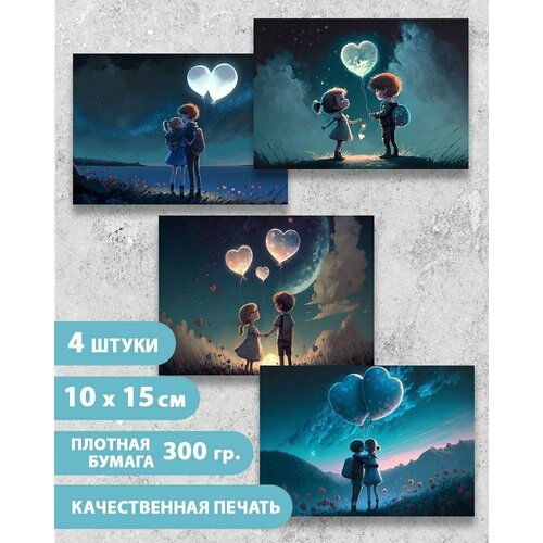Набор открыток Валентинка "Романтики 6", 10.5 см х 15 см, 4 шт, InspirationTime, на подарок и в коллекцию