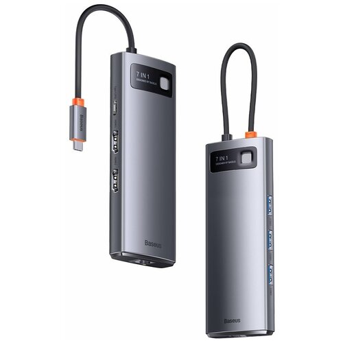 Хаб /Док-станция Baseus Metal Gleam серии 7-в-1 USB Type C HUB - 2 x HDMI / 3 x USB 3.2 Gen. 1 / 1 x Источник питания / 1 x RJ-45 Ethernet серый