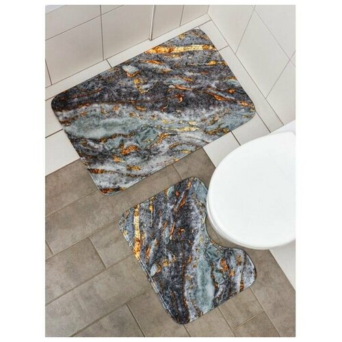 Набор ковриков для ванной и туалета Доляна"Мрамор", 2 шт: 79х50, 50х39 см, цвет серый