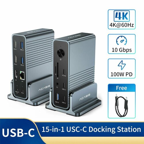 Док-станция Acasis 15 в 1 Type-C для ноутбука USB-C, 4K HDMI, DP 4K@60Гц, 2 x USB3.1 10 Гбит/с, SD / TF, аудио, RJ45 для Mac и Windows (DS-7A15)