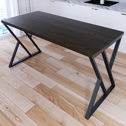 Стол кухонный Loft со столешницей цвета темного дуба из массива сосны 40 мм и черными металлическими Z-образными ножками, 130х80х75 см