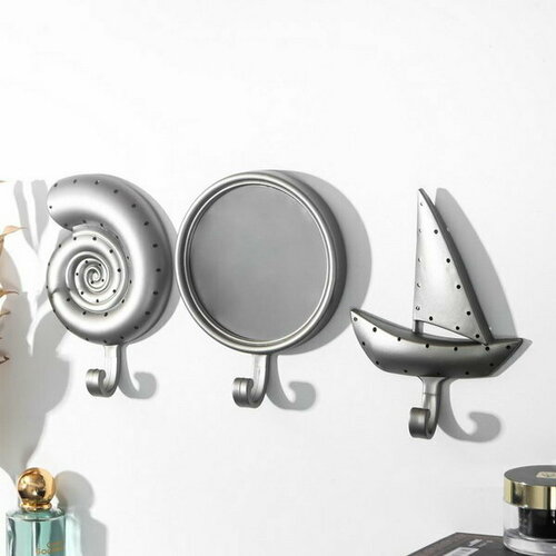 Крючки декоративные с зеркалом "Корабль и ракушка" набор 3 шт 18.5х37.5 см
