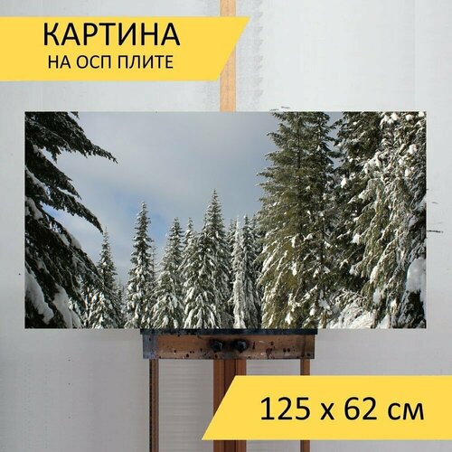 Картина на ОСП 125х62 см. "Снег, лес, зима" горизонтальная, для интерьера, с креплениями