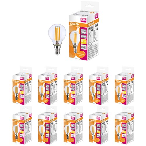Лампа светодиодная OSRAM Шарик 5Вт 220В Е14 600Лм 2700К Филаментная, стекло Теплый белый, уп. 10шт
