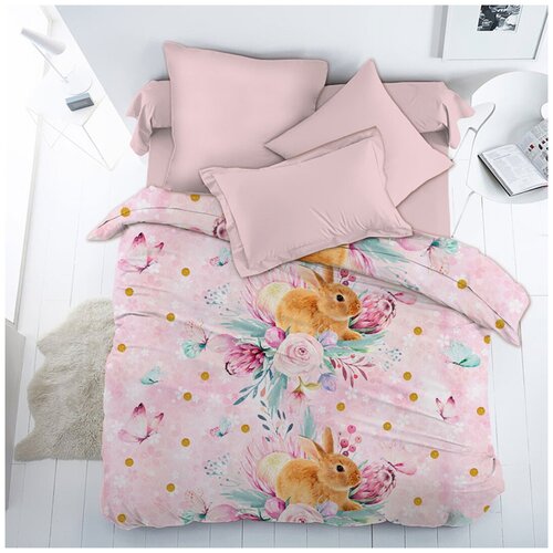 Комплект постельного белья Valtery DL-19 Весенний зайка, 1.5-спальное, хлопок, розовый