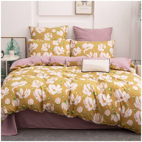 Комплект постельного белья VIVA HOME TEXTILE CN121, 2-спальное с европростыней, поликоттон, горчичный/розовый