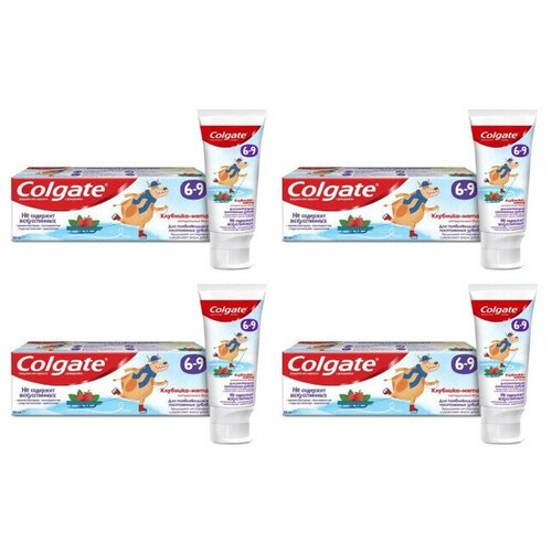 Зубная паста для детей, Colgate, 6-9, вкус Клубники и Мяты, 60 мл, 4 шт