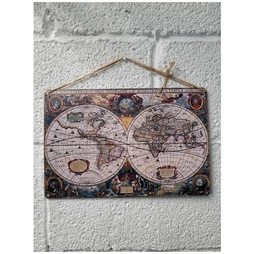 Старинная карта мира постер на стену, 30 на 20 см, шнур-подвес в подарок
