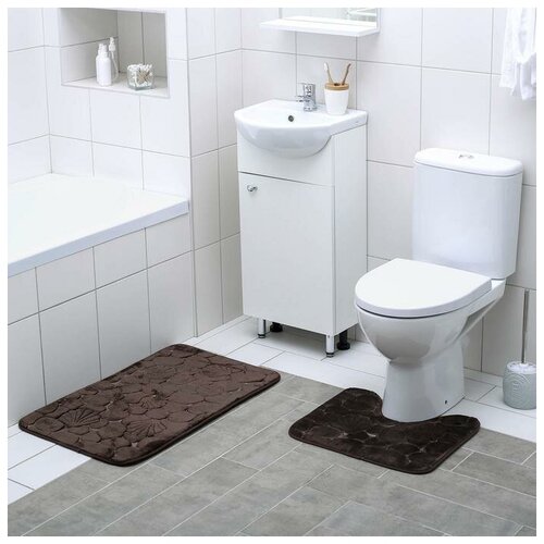 Набор ковриков для ванной и туалета Доляна «Галька, ракушки», 2 шт, 40×50, 50×80 см
