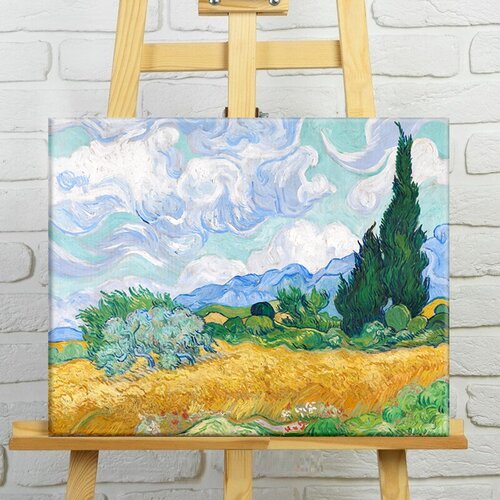Картина на холсте 50х70 см "Репродукция Пшеничное поле с кипарисом, Ван Гог", Большая картина для интерьера на стену, на подрамнике