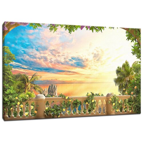 Картина Уютная стена "Украшенный цветами балкон с видом на закат на море" 100х60 см