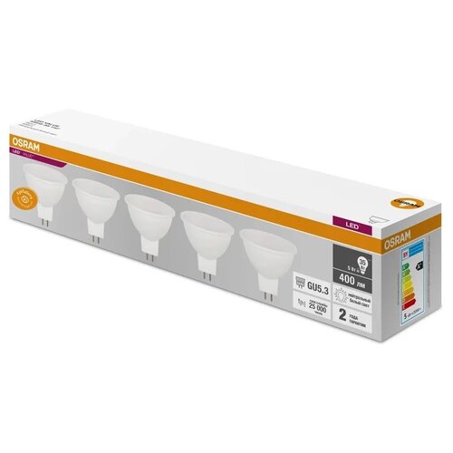 Упаковка светодиодных ламп 5 шт. LEDVANCE LED Value LVMR1635 5SW/840, GU5.3, MR16, 5 Вт, 4000 К