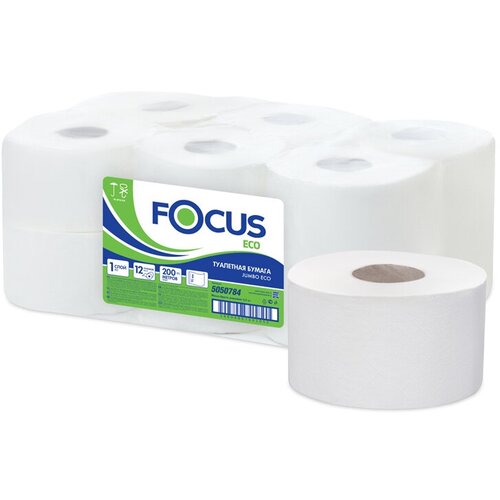 Бумага туалетная Focus Eco Jumbo, 1 слойн, 200м/рул, тиснение, белая, 12 штук