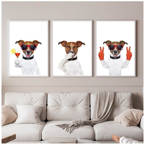 3 постера без рамки "Собака с коктейлем, смеющийся пес в очках" 50 на 70 в тубусе / Набор постеров картин для интерьера / Картина для интерьера