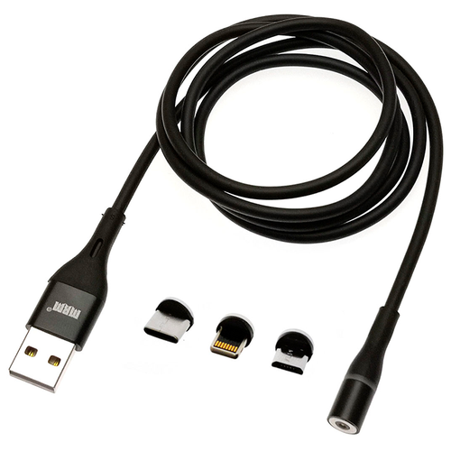 Зарядный кабель USB 3 в 1 с магнитными насадками APPLE Lightning 8-pin, Micro USB, Type-C, 1 метр, MRM 360