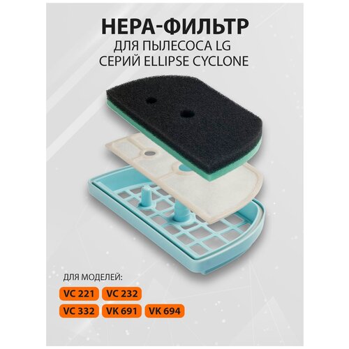 Набор HEPA фильтров для пылесоса LG серий Ellipse Cyclone VC 221, VC 232, VC 332, VK 691, VK 694, VK 703, VK 704, VK 705, VK 706