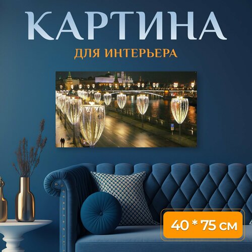 Картина на холсте "Москва, вечер, россия" на подрамнике 75х40 см. для интерьера