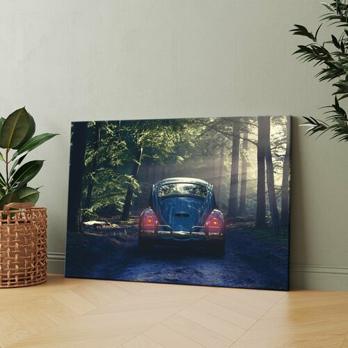 Картина на холсте (Машина припаркована в лесу на грунтовой дороге) 20x30 см. Интерьерная, на стену.