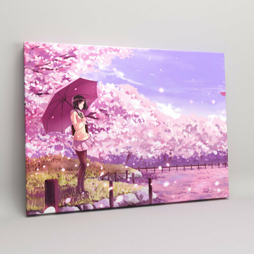 Картина на холсте (интерьерный постер) "Цветущая сакура" аниме, с деревянным подрамником, размер 40x30 см