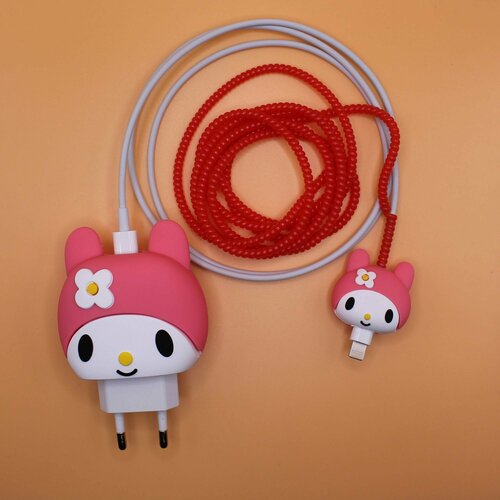 Комплект с обмоткой-спиралью для кабеля и защитный чехол для зарядки / защита кабеля от излома / Sanrio Аниме Cat (красный)