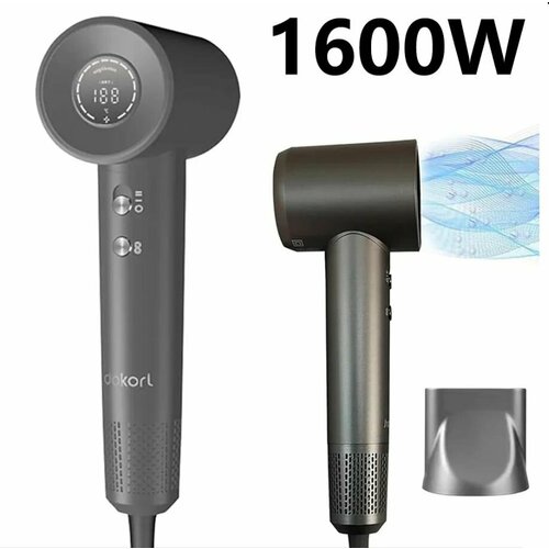 Фен для сушки и укладки волос DokorlHD1, 1600W, LED дисплей, черно-серый