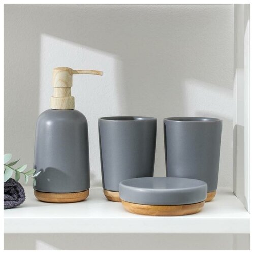 Набор аксессуаров для ванной комнаты "Эко", 4 предмета (мыльница, дозатор для мыла, 2 стакана), цвет серый