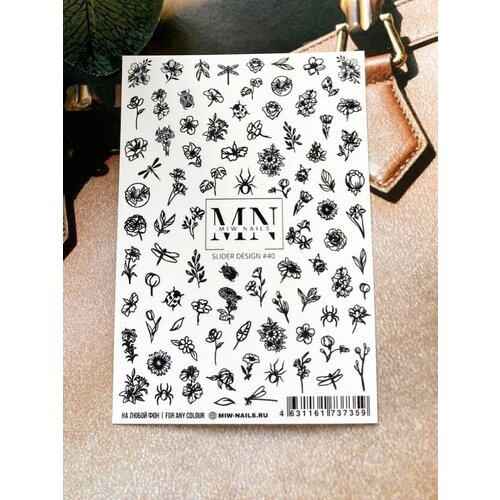 MIW Nails "Слайдеры для ногтей" водные наклейки для дизайна #40 черно-белый цветы, весна, насекомые