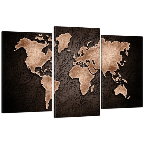 Модульная картина на стену, для интерьера "Карта мира с коричневым узором" 53x100 см