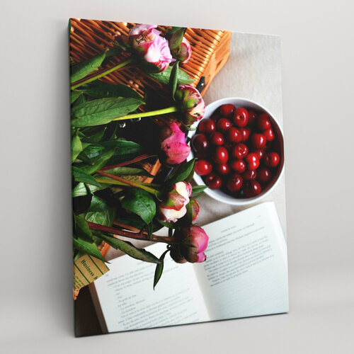 Картина на холсте (интерьерный постер) "Пионы и вишня" растения, с деревянным подрамником, размер 45x60 см