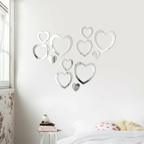 Наклейки интерьерные "Сердца", зеркальные, декор на стену, набор 12 шт, шт 5.5 - 14.6 см (комплект из 6 шт)