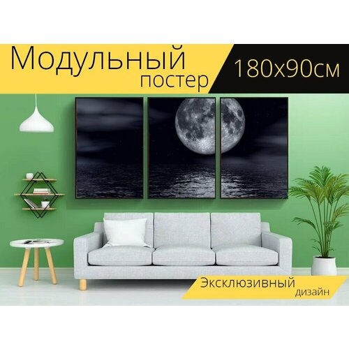 Модульный постер "Луна, ночь, отражение" 180 x 90 см. для интерьера