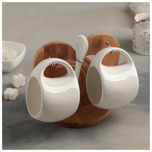 Набор посуды SKYPHOS «Эстет», для двоих, чайный сервиз, керамический, на деревянной подставке, 6 предметов, цвет белый