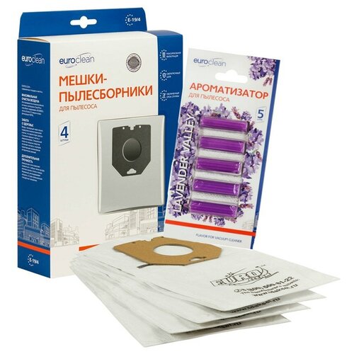 Мешки-пылесборники Euroclean синтетические 4 шт и ароматизатор "Лаванда" для пылесоса PHILIPS HR8745 VISION