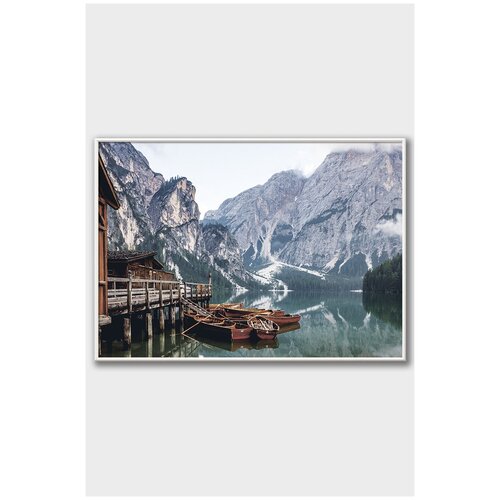 Постер на стену для интерьера Postermarkt Лодки на озере в горах, постер в белой рамке 30х40 см, постеры картины для интерьера в белой рамке