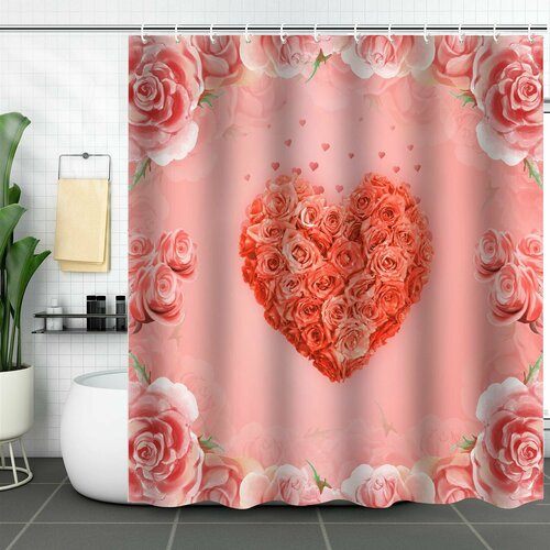Штора для ванной / душа водоотталкивающая, текстильная с кольцами, 180 x 180 см Розовое сердце