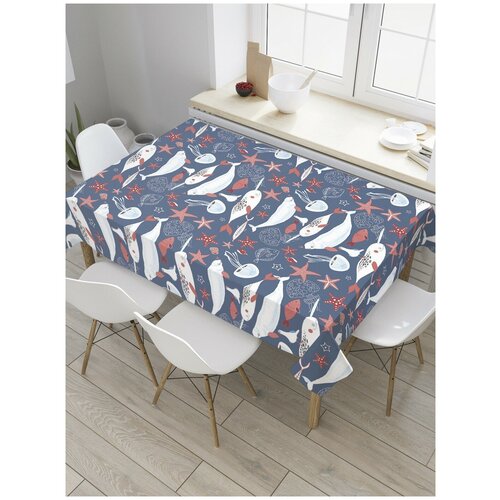 Скатерть прямоугольная JoyArty на кухонный стол "Киты и нарвалы" из оксфорда, 180x145 см