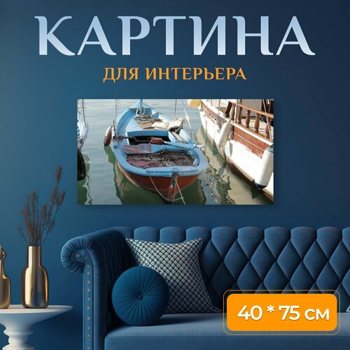 Картина на холсте "Лодка, гавань, море" на подрамнике 75х40 см. для интерьера