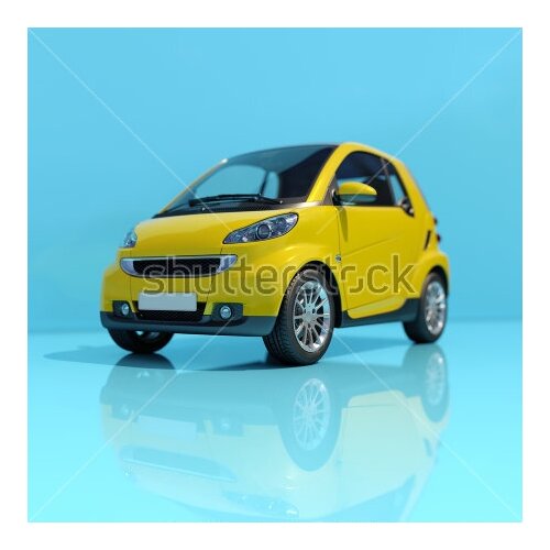 Постер Модель компактного жёлтого автомобиля на голубом фоне 40см. x 40см.