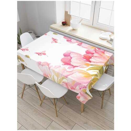 Скатерть прямоугольная JoyArty на кухонный стол "Бабочки над тюльпанам" из оксфорда, 120x145 см
