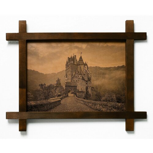 Картина Замок Эльц, Германия, гравировка на натуральной коже, интерьерная для украшения и декора на стену в деревянной раме, подарок, BoomGift