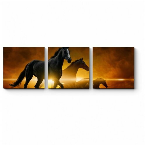 Модульная картина Бегущие лошади на фоне закатных облаков 160x53