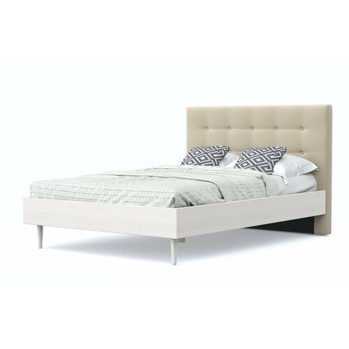 Двуспальная кровать альмена 160х190, с мягким изголовьем, бежевый-беленый дуб, велюр, деревянная, на ножках
