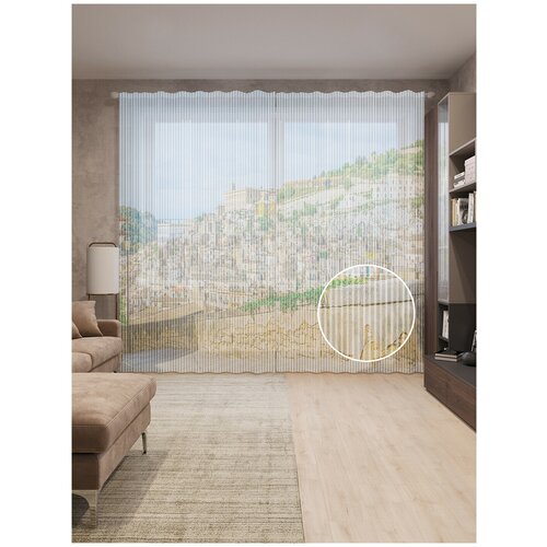 Тюль вуаль на шторной ленте с принтом "Сицилийские улочки" для гостиной, зала, кухни, спальни, детской, 310х265 см; Бледно-голубой, серый, зеленый
